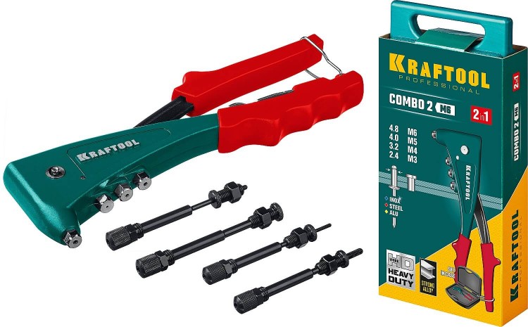 Комбинированный заклепочник KRAFTOOL "Combo2-M6" в кейсе 31180 по цене ...